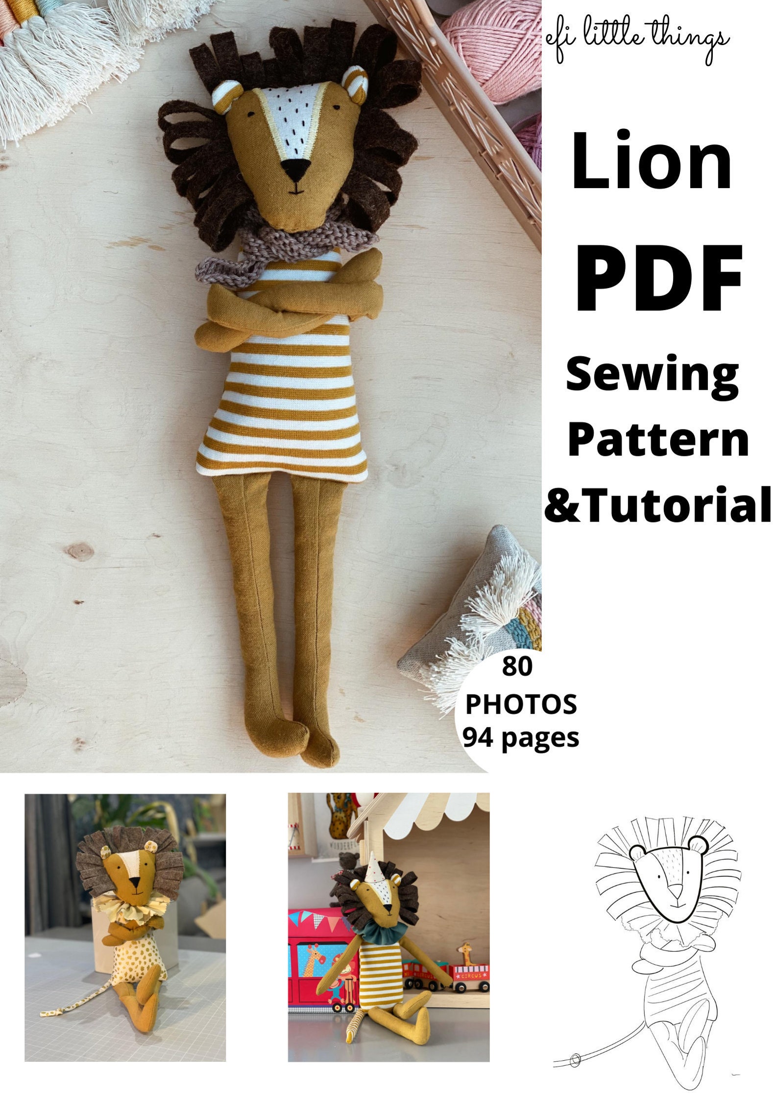 Lion Stuffed Toy PDF Sewing Pattern and Tutorial DIY Animal Soft Toy ...