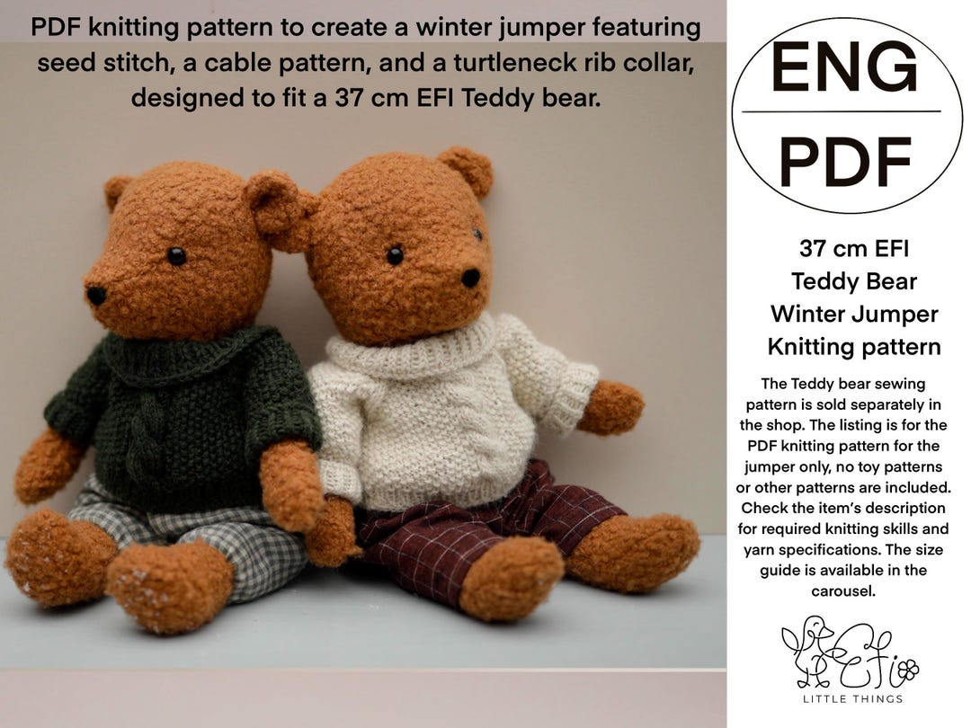 37 Cm EFI Teddy Bear Knitted Jumper With Cable Pattern and Turtleneck ...