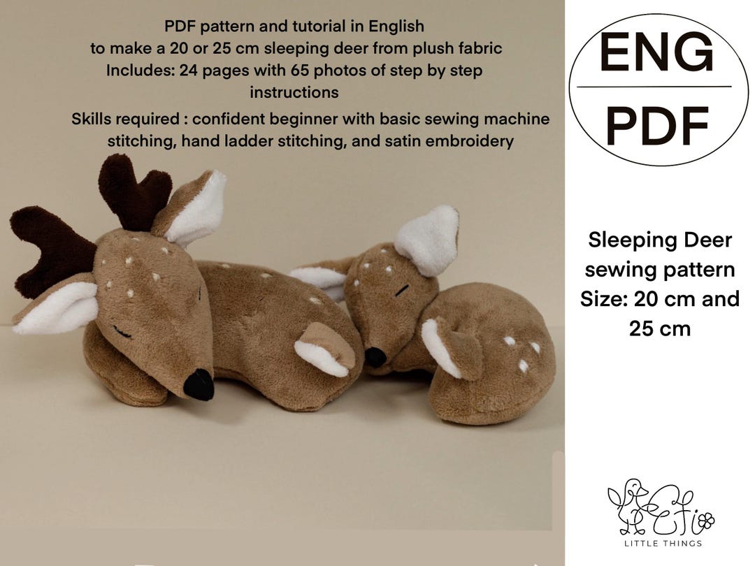 Sleeping Deer Soft Plush Toy PDF Sewing Pattern and Tutorial Two Sizes ...