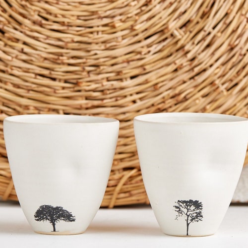Set of 4 White Ceramic Cups With Tree Decals Ceramic - Etsy