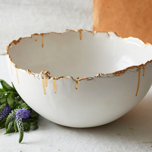 Large White Ceramic Bowl With Real Gold Rim Decorative Deep - Etsy