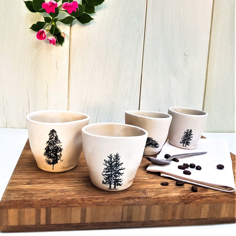 Set of 4 White Ceramic Cups with Tree Decals Ceramic | Etsy