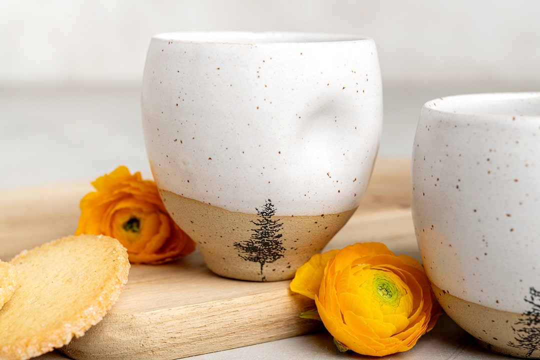2 Ceramic White Espresso Cups With Tree Ornaments, Set of TWO Handmade ...