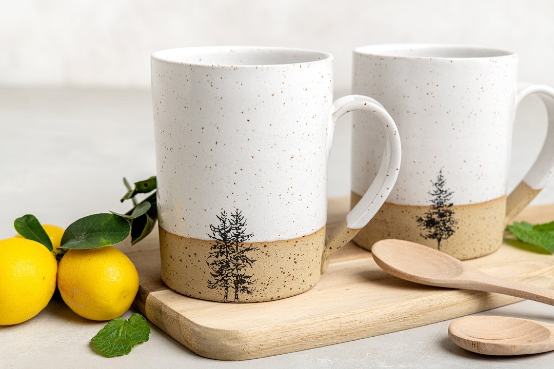 Set of 2 White Pottery Mugs, XL 15 Oz Handmade Unique Ceramic Mugs ...