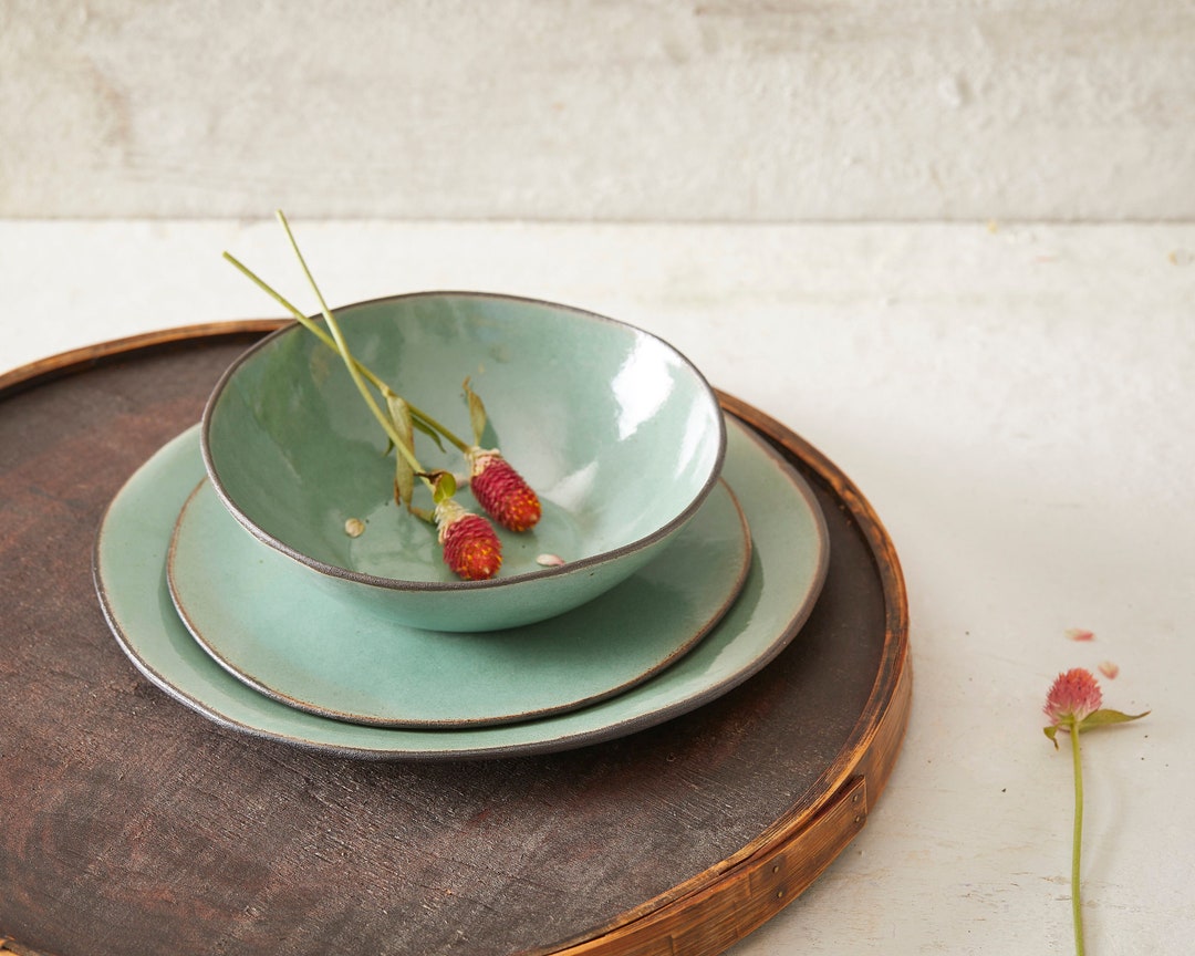 Handmade Ceramic Place Setting for One - 3 Piece Turquoise Pottery ...