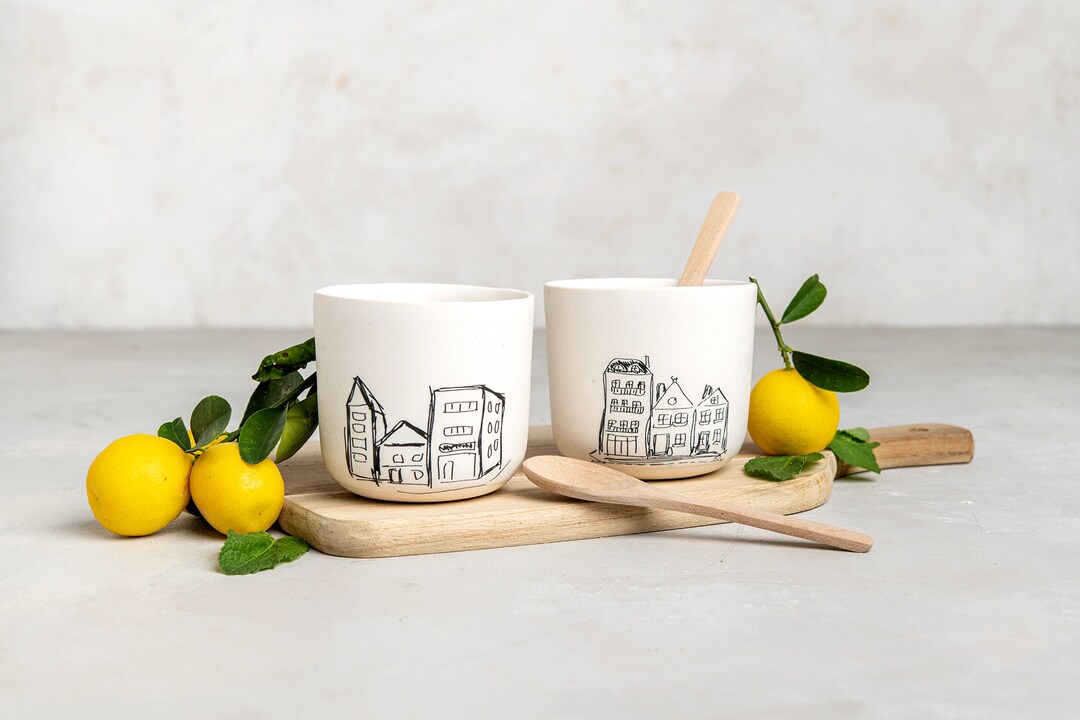 Set of TWO White Ceramic Handmade Coffee Cups With Houses, Large 12 Oz ...