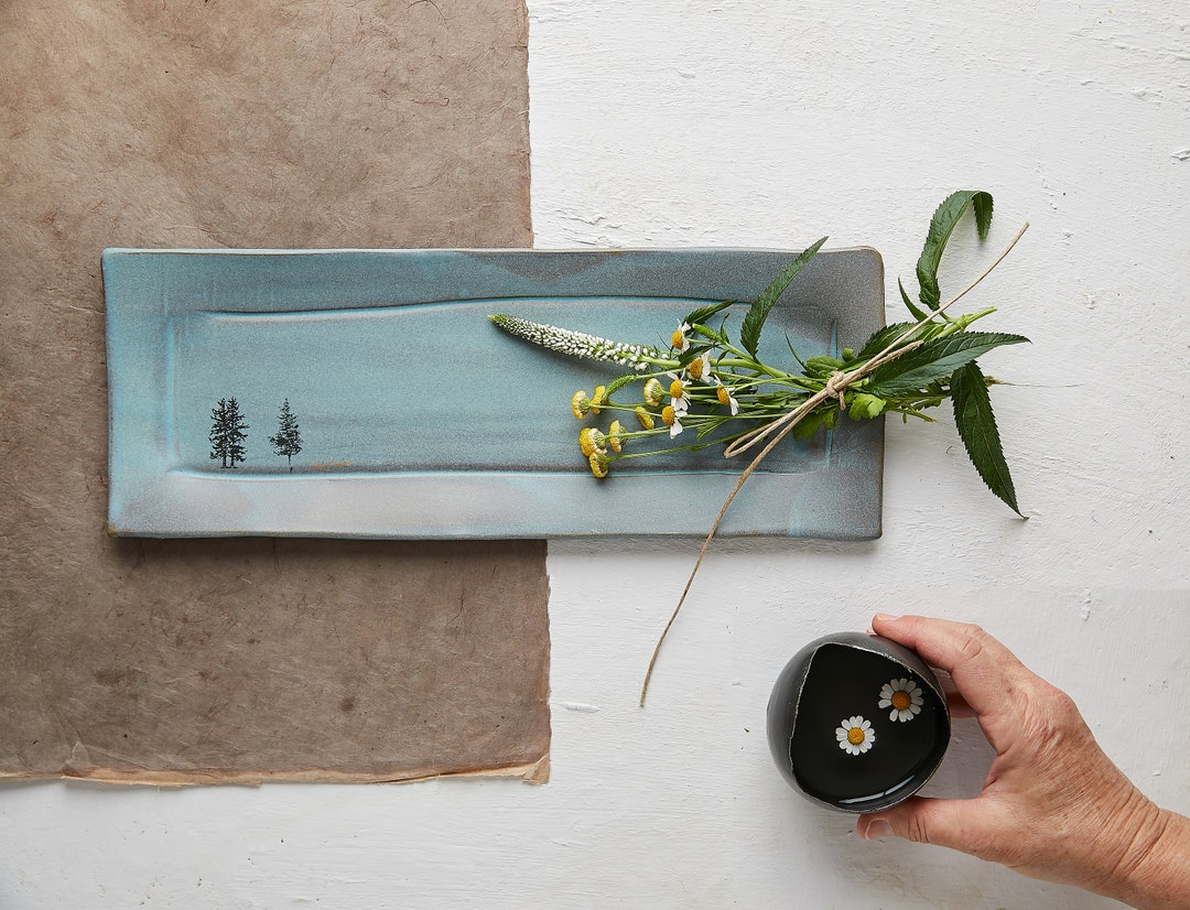 Ceramic Rectangular Tray, Light Blue Cake Platter With Tree Decals ...