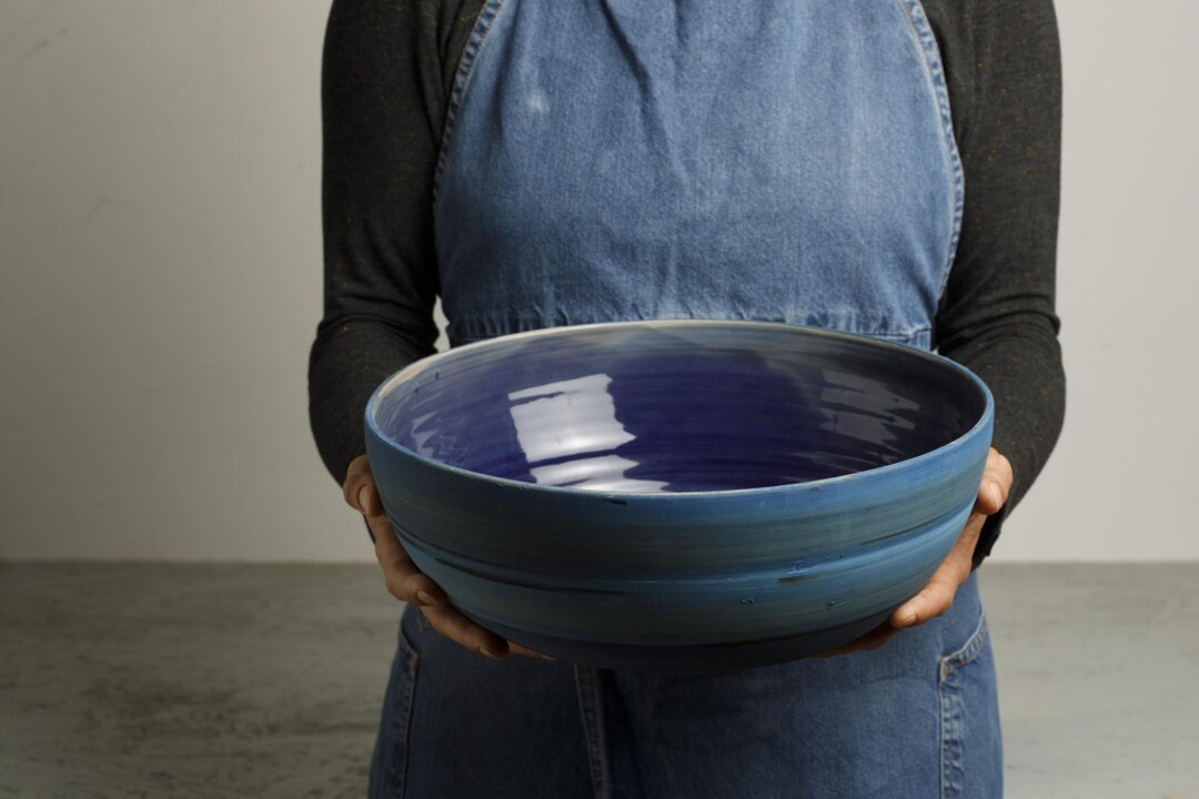 Deep Blue Striped Ceramic Bowl, Handmade Pottery Serving Dish, Large ...