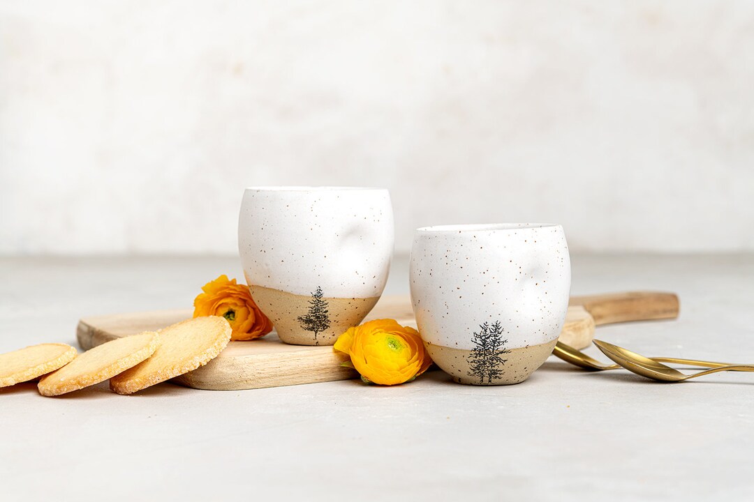 Set of TWO Handmade Rustic White Pottery Espresso Tumblers, Ceramic ...