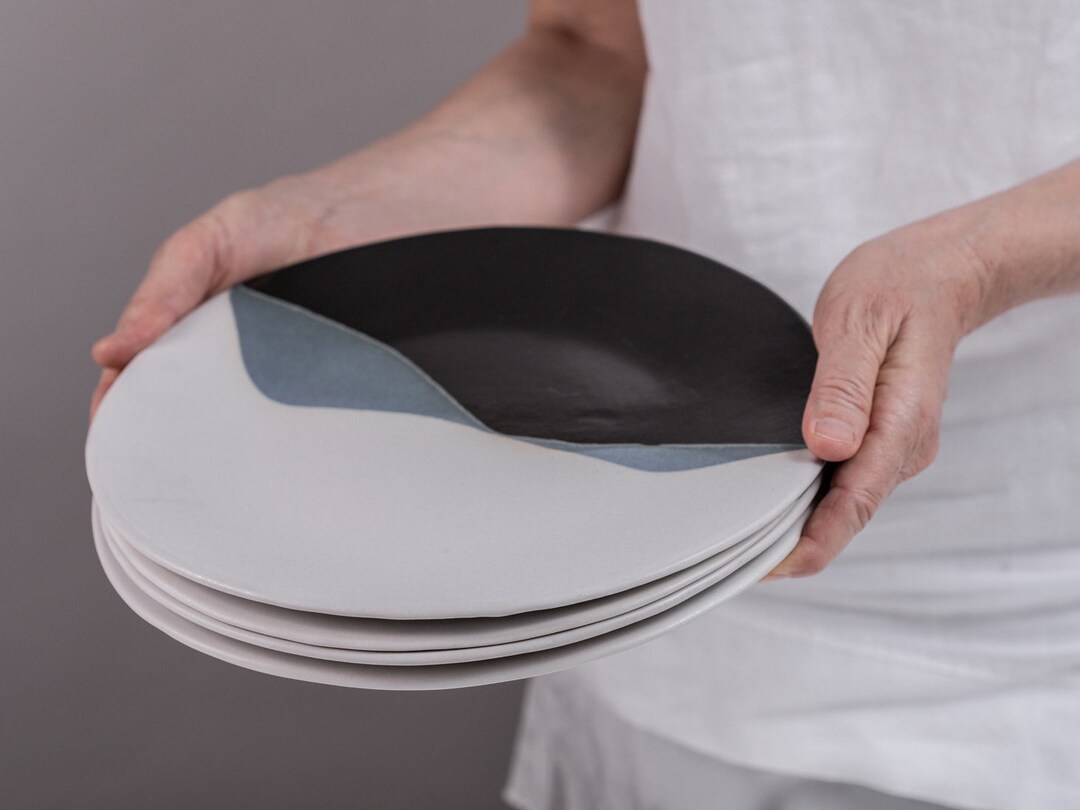 4 Artistic Large Ceramic Plates, Set of 4 Black and White Pottery ...