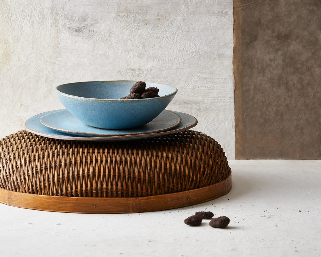 Light Blue Handmade Rustic Pottery Dinnerware Set - 3 Pieces Dinner Set ...