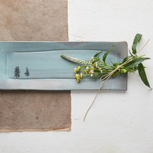 Ceramic Rectangular Tray, Light Blue Cake Platter With Tree Decals ...