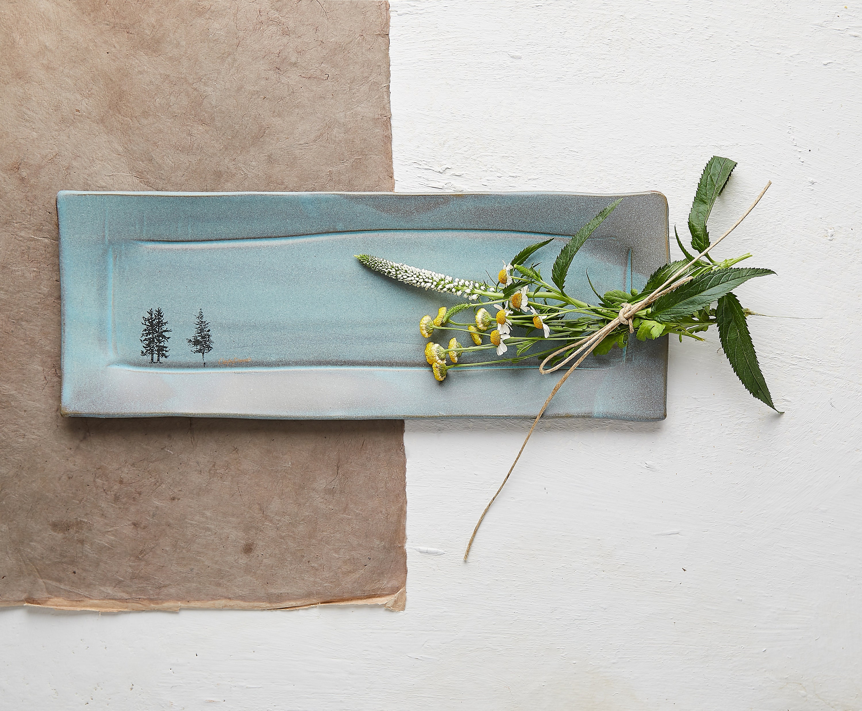 Ceramic Rectangular Tray Light Blue Cake Platter With Tree | Etsy