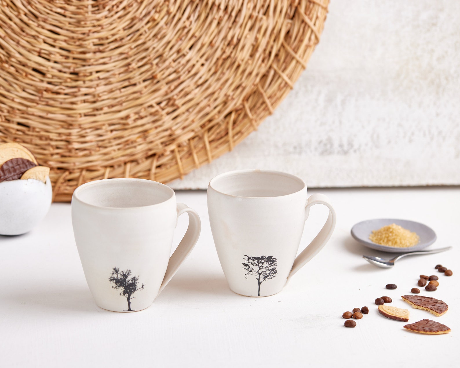 Set of 4 White Ceramic Mugs With Tree Decals Tall Coffee | Etsy