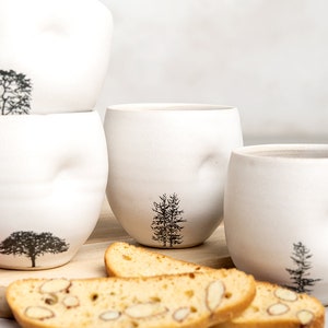 Set of 4 White Ceramic Cups With Tree Decals | Ceramic Espresso Cup ...