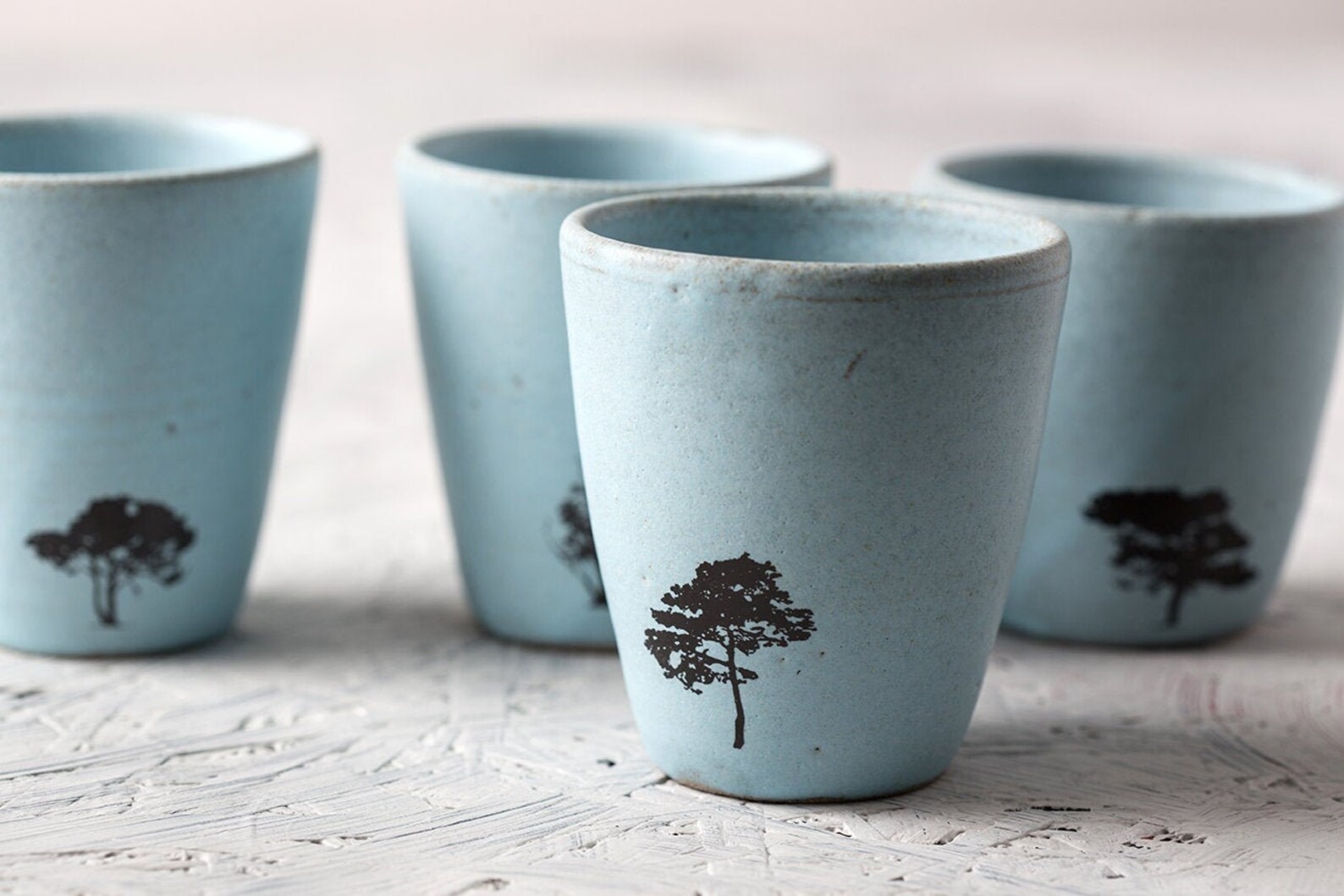 Set of 4 Turquoise Ceramic Mugs With Tree Decals, Modern Teacups, Small ...