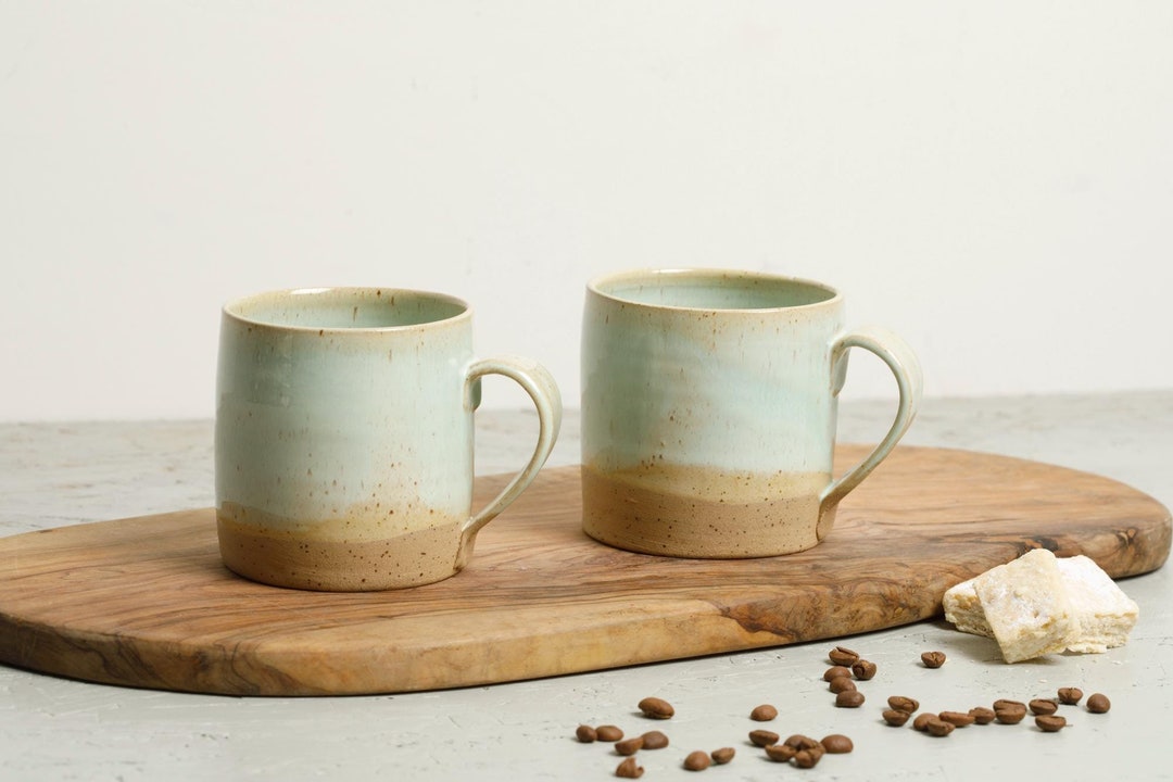 Two Mint-green Ceramic Coffee Mugs, Pottery Large Rustic Mug Set, Gift ...
