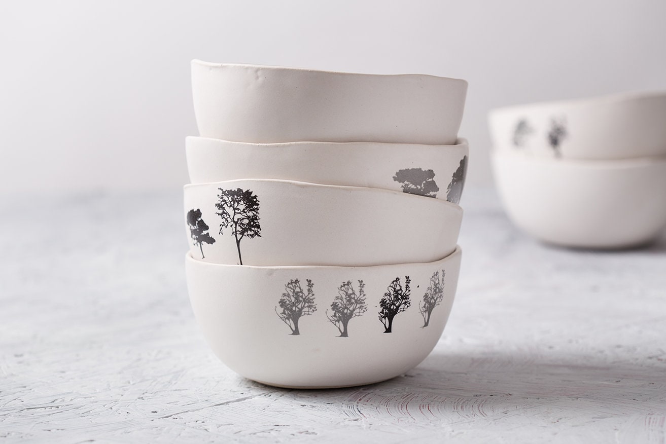 Set of 4 White Soup Bowls Ceramic Cereal Bowl With Tree | Etsy