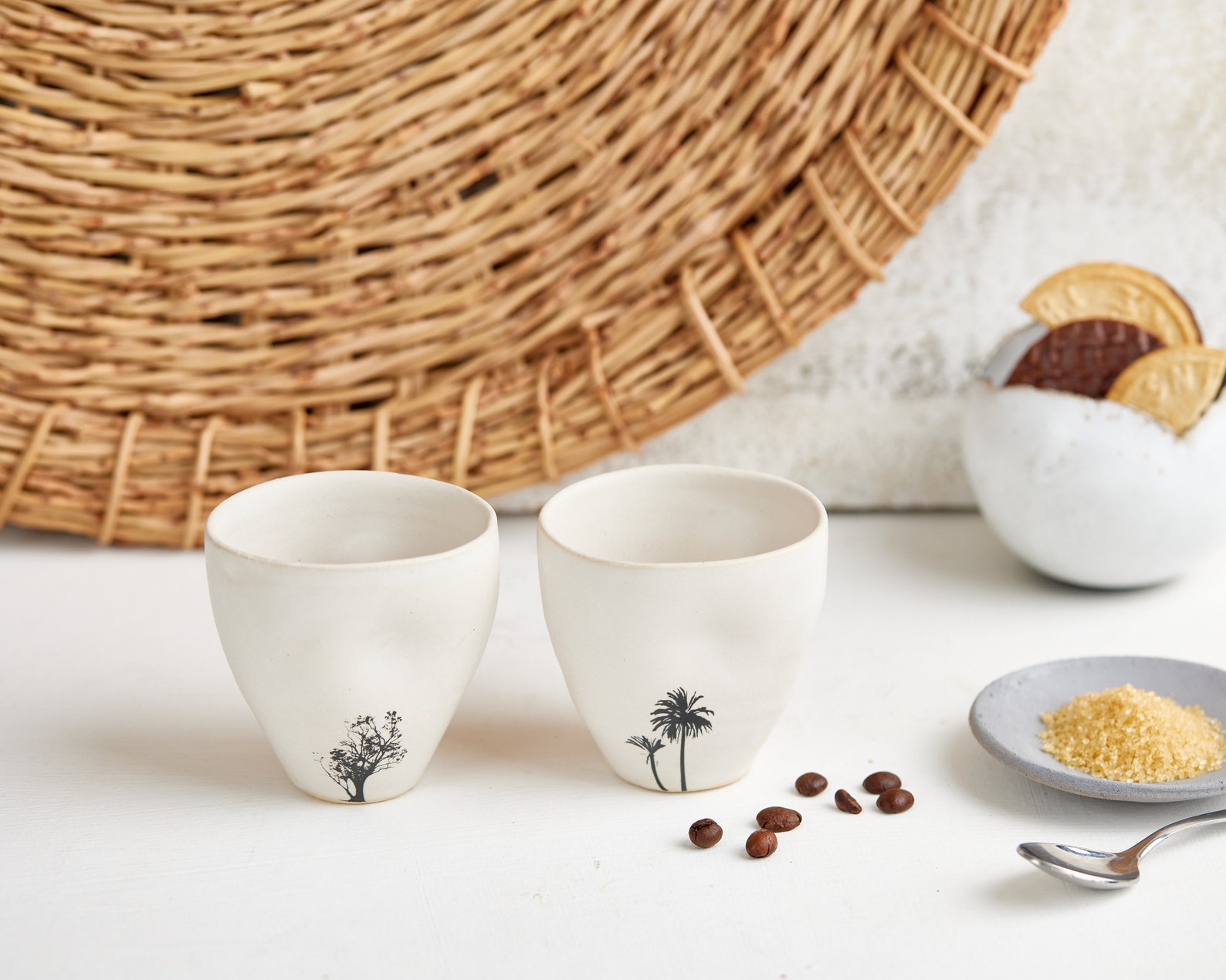 Set of 4 White Ceramic Cups With Tree Decals Ceramic - Etsy