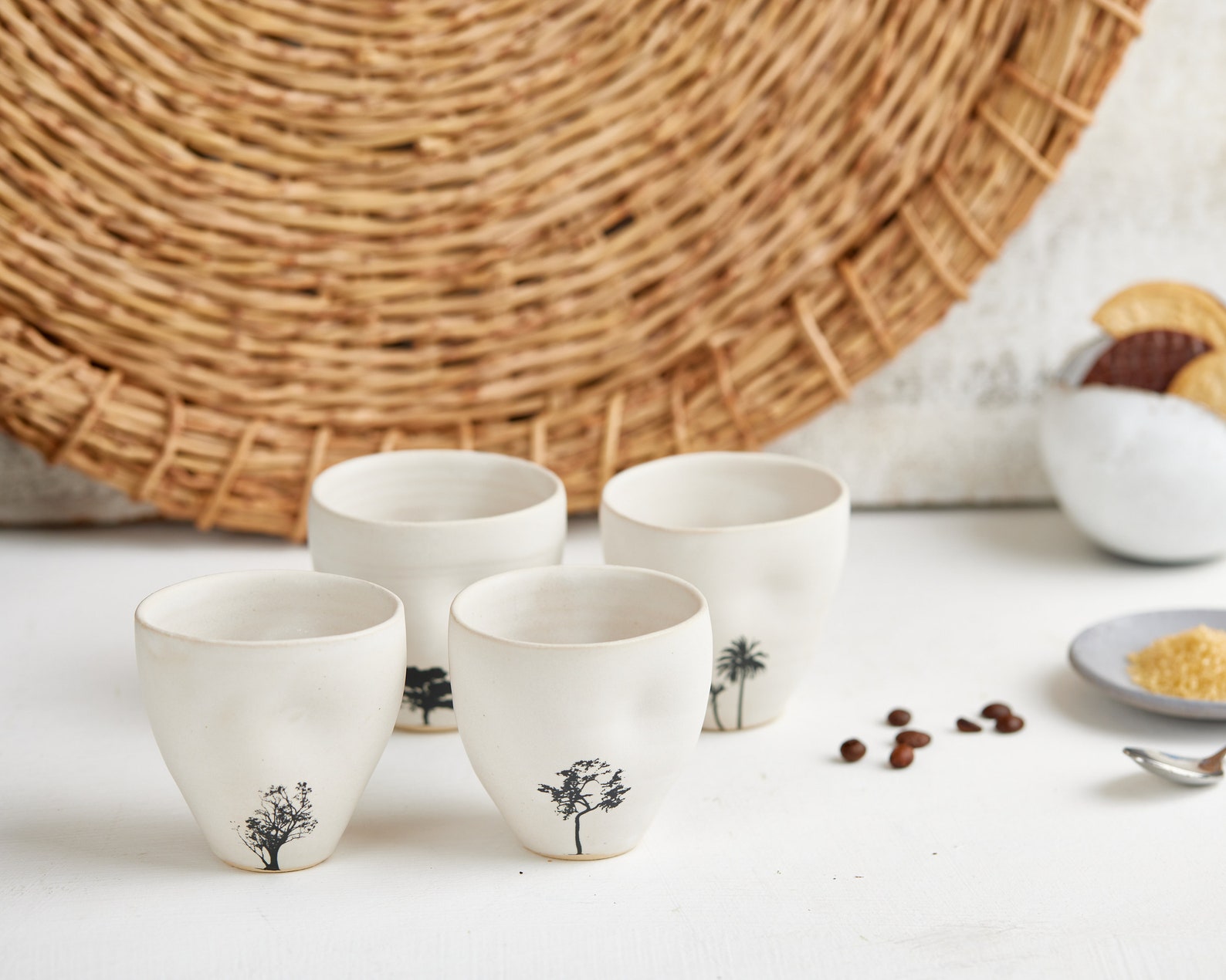 Set of 4 White Ceramic Cups With Tree Decals Ceramic - Etsy