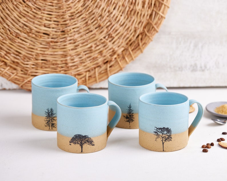 Set of 2 Light Blue Large Modern Handmade Ceramic Mugs, Pottery Coffee ...