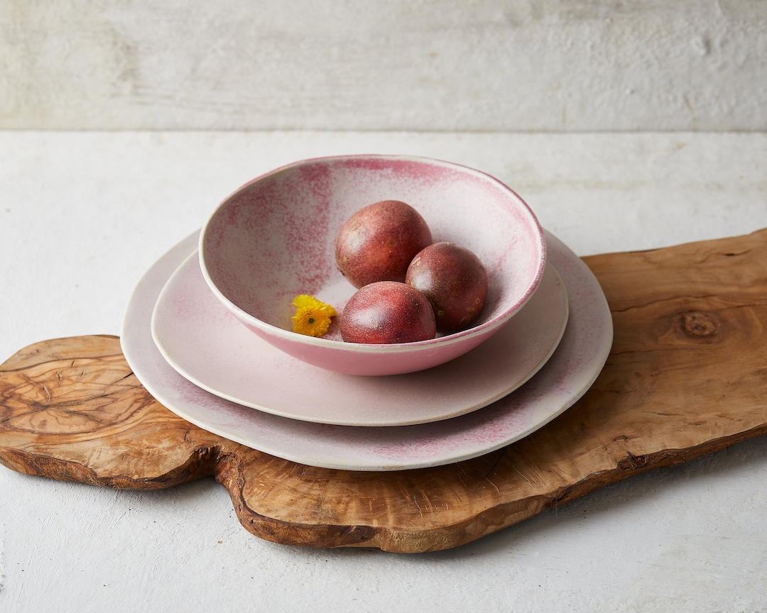 Pastel Pink Pottery Dinnerware Set - Large Dinner Plate, Salad Plate ...