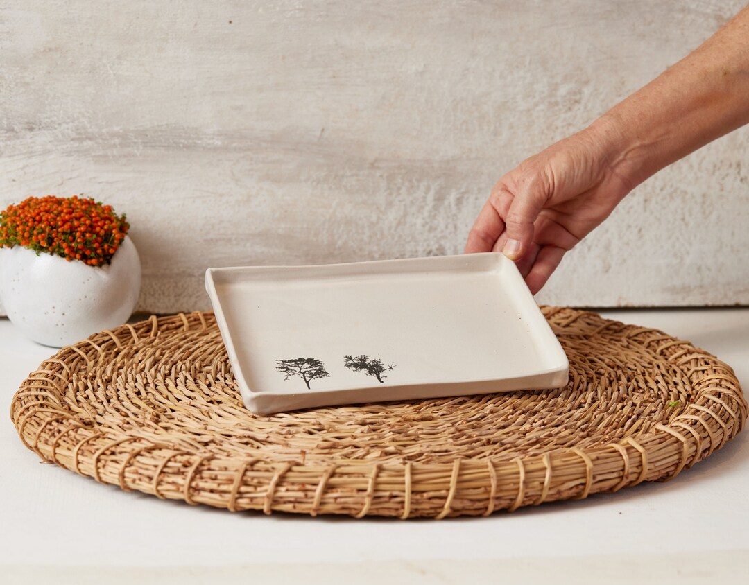 White Rectangle Ceramic Tray With High Rim, Handmade Modern Cake ...