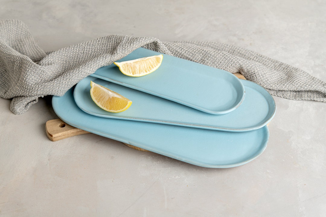 Sky Blue Set of 3 Handmade Pottery Light Blue Rectangular Serving Dishes, Ceramic Serving Dish ...