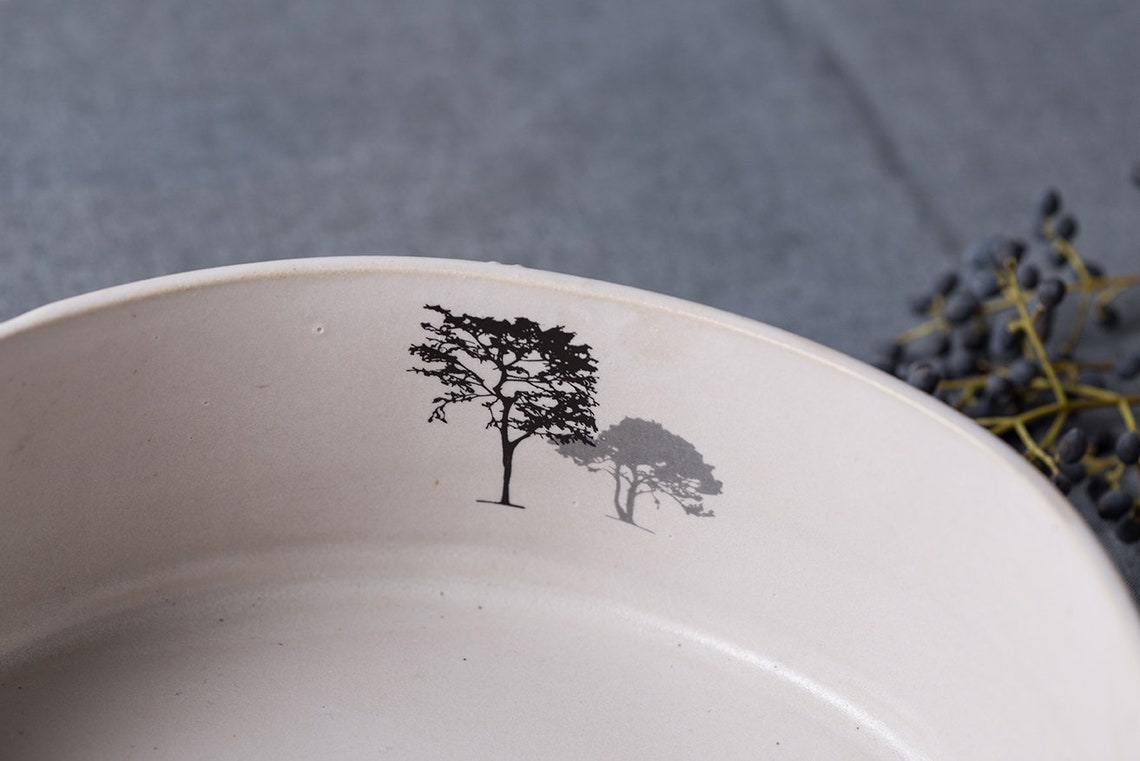 Round White Ceramic Serving Dish With Tree Decals Oven to - Etsy