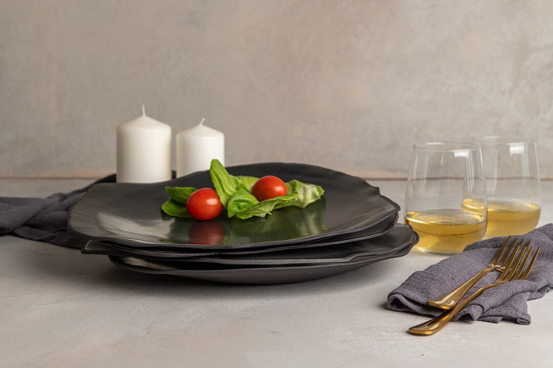 Set of 6 Large Ceramic Dinner Plates Set, 11.5" Abstract Amorphic Shape ...