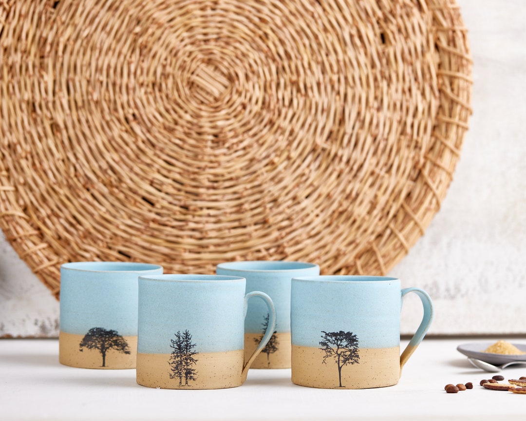 FOUR 4 Light Blue Handmade Pottery Coffee Mugs, Large Modern Ceramic ...