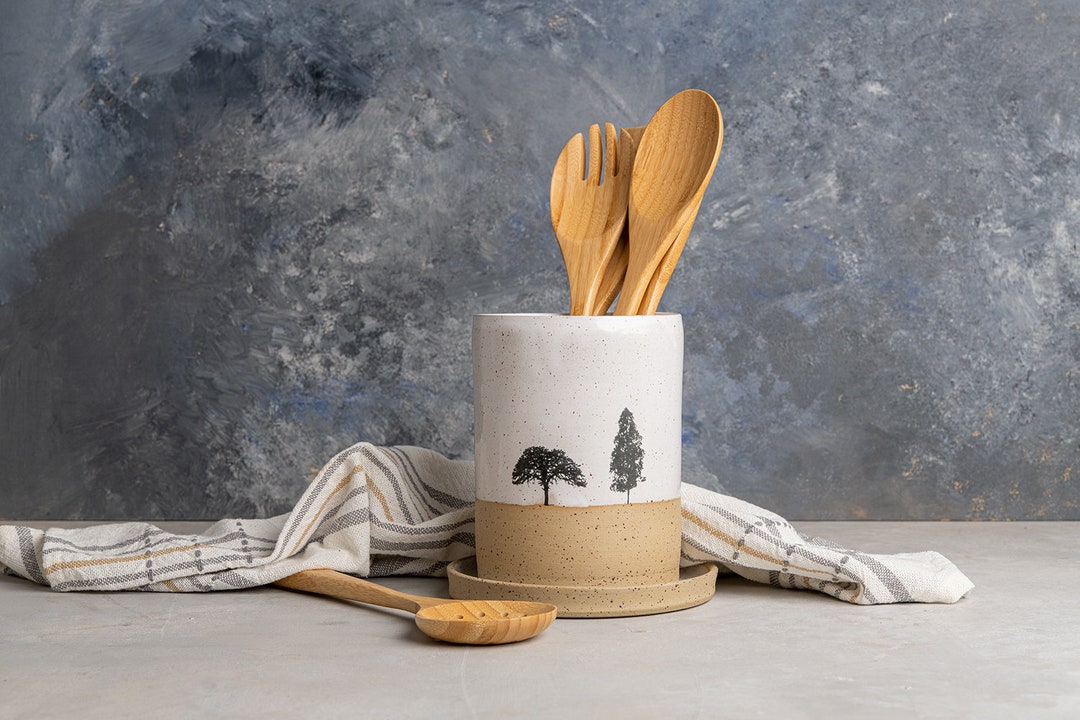 Ceramic White Utensil Holder With Drainage Hole and Saucer, Medium ...