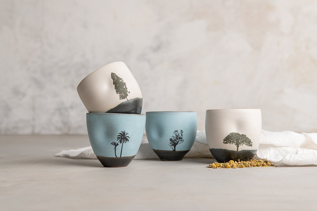 Set of FOUR Pottery Coffee Cups, 5 Oz Ceramic Tea Cups Without Handle ...