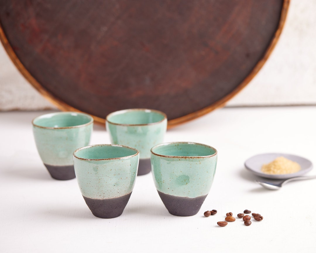 FOUR 4 Espresso Cups Set, Handcrafted Ceramic Turquoise and Black ...