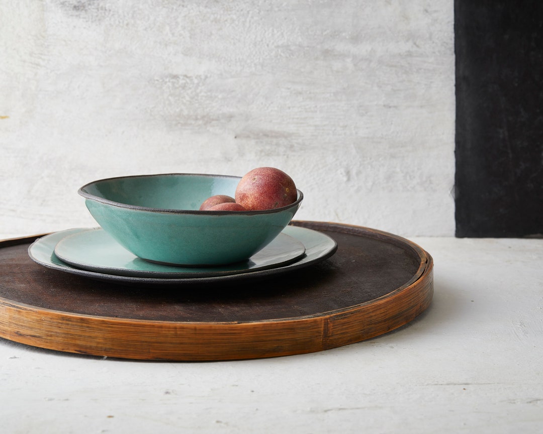 Turquoise Ceramic Dinnerware Set for One - Dinner Plate, Salad Plate ...