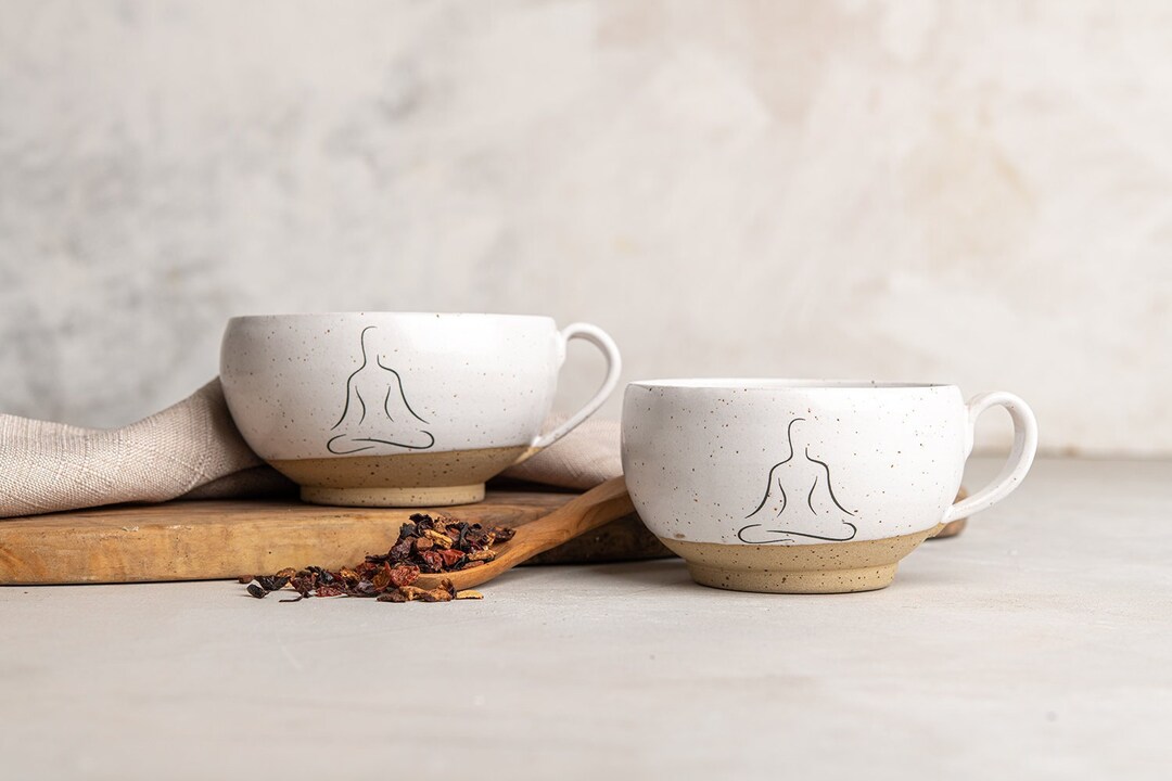 White Large Handmade YOGA Mugs Set, TWO Mugs With Meditation Decals ...