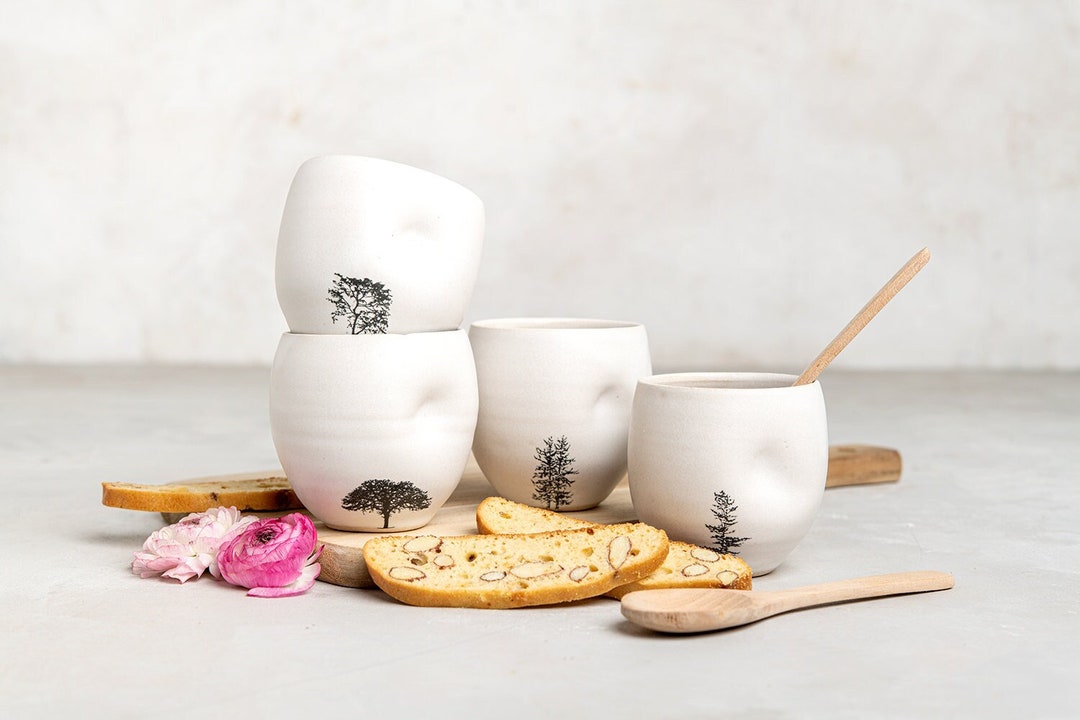Set of 4 White Ceramic Cups With Tree Decals | Ceramic Espresso Cup ...