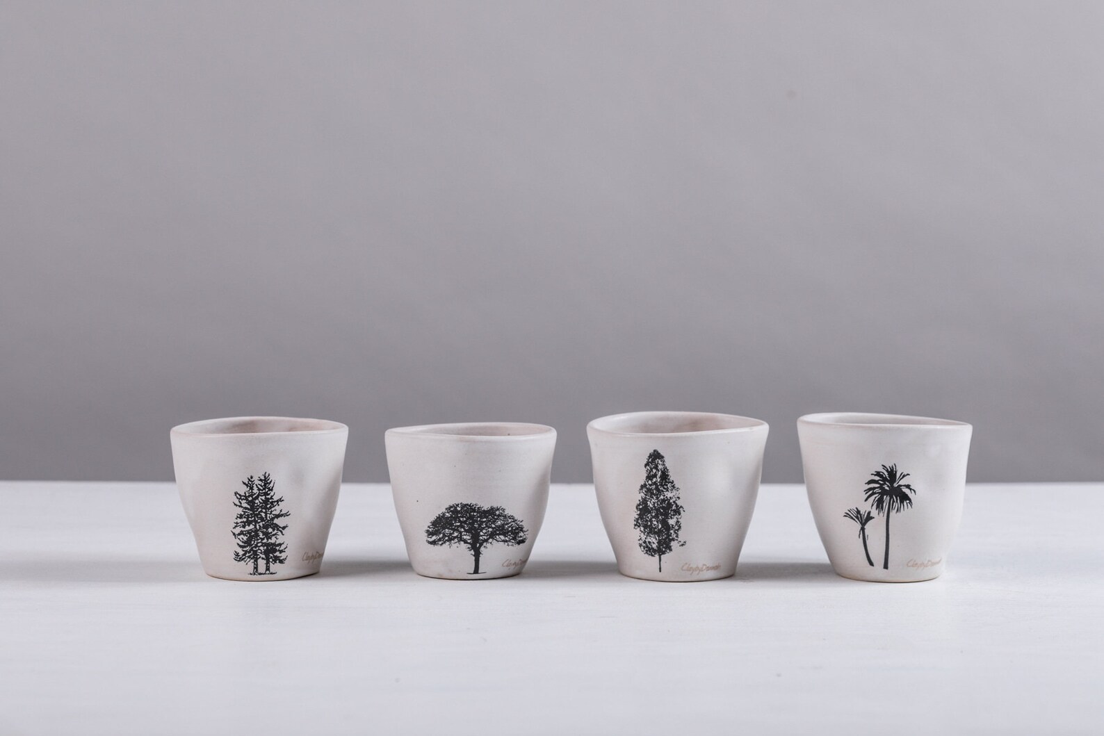 Set of 4 White Ceramic Cups With Tree Decals Ceramic - Etsy