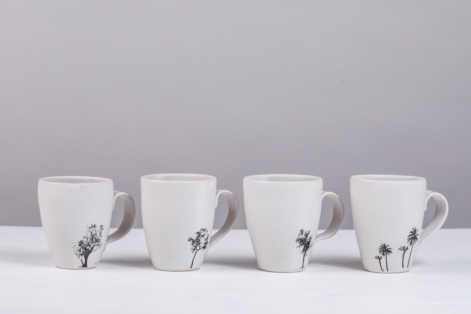 Set of 4 White Ceramic Mugs With Tree Decals, Tall Coffee Cups, Modern ...