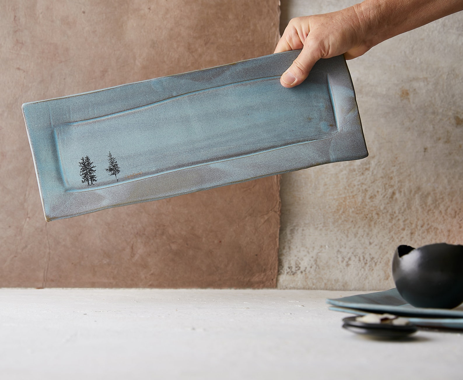 Ceramic Rectangular Tray Light Blue Cake Platter With Tree - Etsy