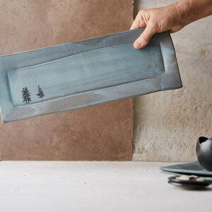 Ceramic Rectangular Tray, Light Blue Cake Platter With Tree Decals ...