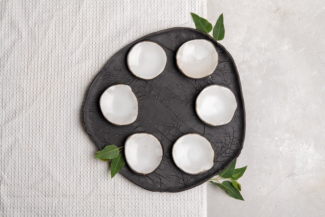 Handmade Abstract Black & White Platter and Plates Serving Set, Large ...