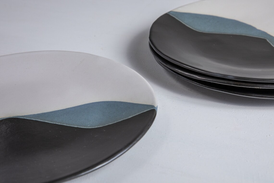 4 Artistic Large Ceramic Plates Set of 4 Black and White | Etsy