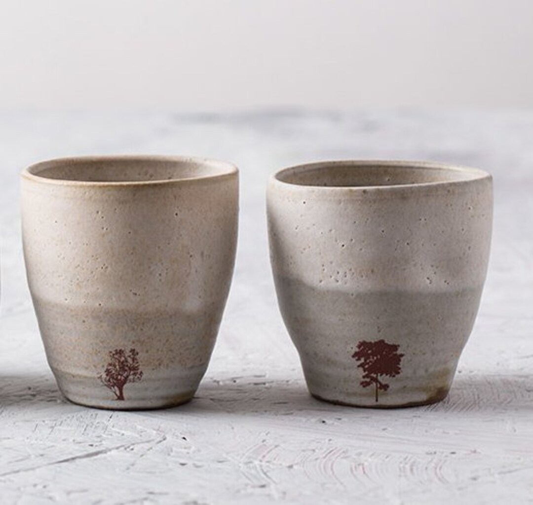 Set of 2 Beige Ceramic Cups, Modern Tea Cups Set, 8.5 Oz Small Beige ...