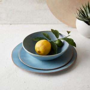 Light Blue Handmade Rustic Pottery Dinnerware Set - 3 Pieces Dinner Set ...