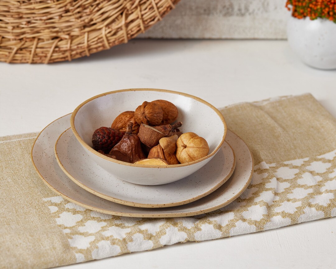 Off White Handmade Ceramic Dinnerware Set for One, Large Dinner Plate ...