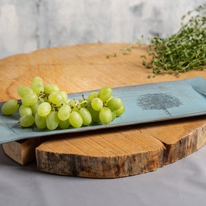 Ceramic Rectangular Tray, Light Blue Cake Platter With Tree Decals ...