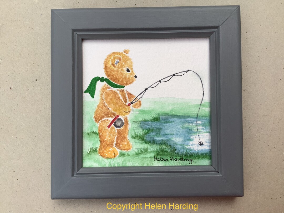 Hand-painted Teddy Bear Fishing. Fisherman's Gift. Framed Watercolour ...