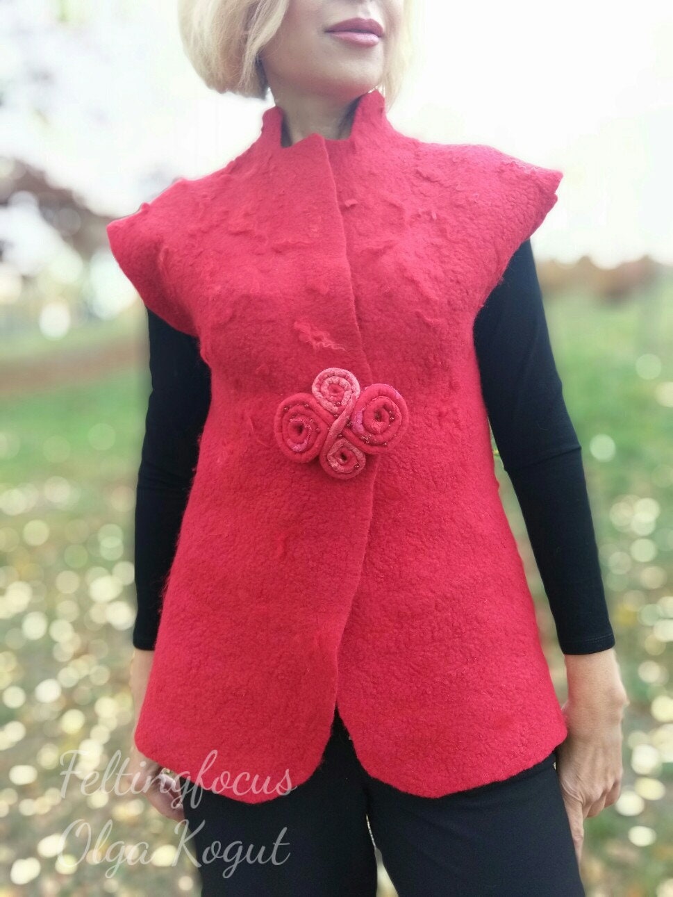 Red Women's Vest, Felted Vest, Waistcoat and Brooch, Waistcoat on Waist ...