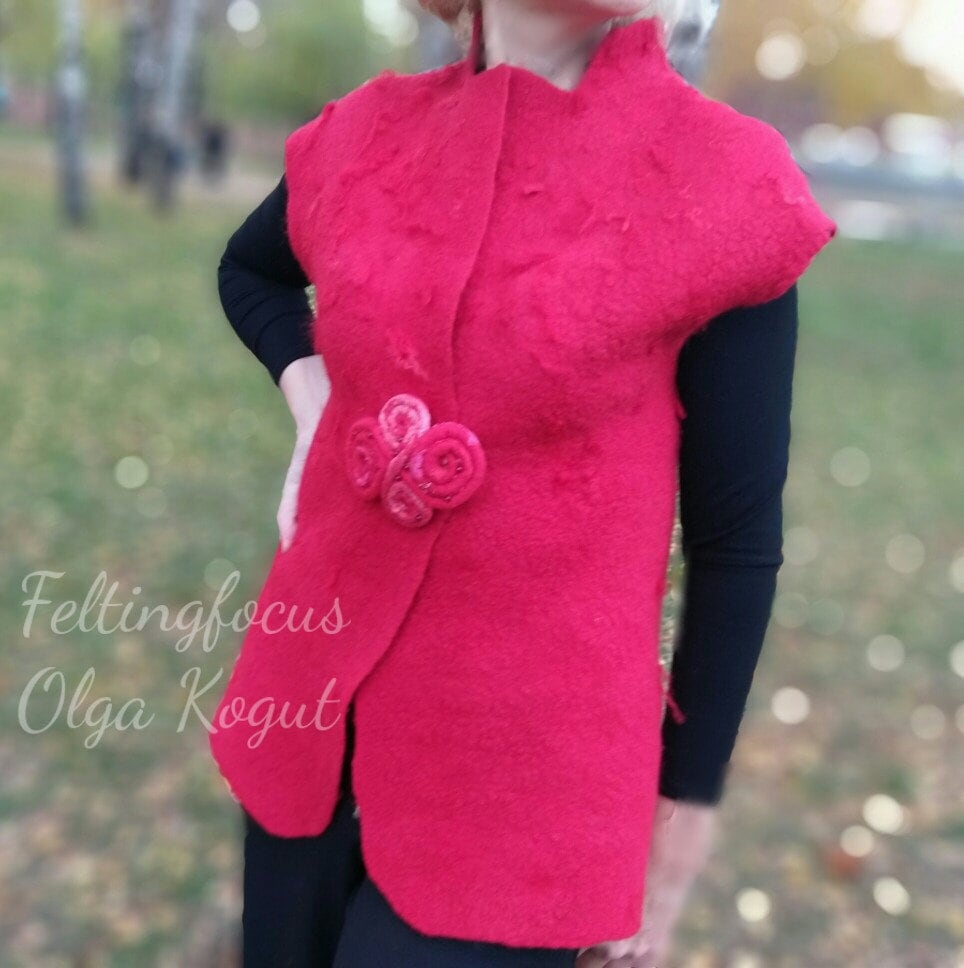 Red Women's Vest, Felted Vest, Waistcoat and Brooch, Waistcoat on Waist ...